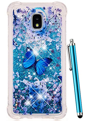 CAIYUNL for Galaxy J7 Refine Case,J7 2018,Samsung J7 Top,J7 Crown,J7 Aero,J7 Aura,J7 Eon,J7 Star Glitter Sparkle Liquid Bling Quicksand Clear TPU Cover Luxury Cute Women Men Shockproof -Blue Butterfly