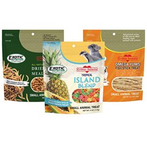 treat assortment 3 pack - pet treats with mix of dried fruits, dried insects, & other crunchies - for sugar gliders, hedgehogs, squirrels, rabbits, marmosets, rats, hamsters - sample variety