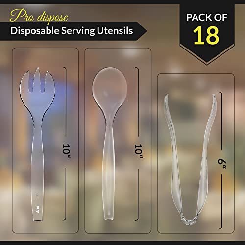 Disposable Plastic Serving Utensils Set - 18 Pack for Parties and Events - Heavy Duty Plastic - Clear 10" Spoons, Forks, and 6" Tongs - Perfect for Serving - Great Value