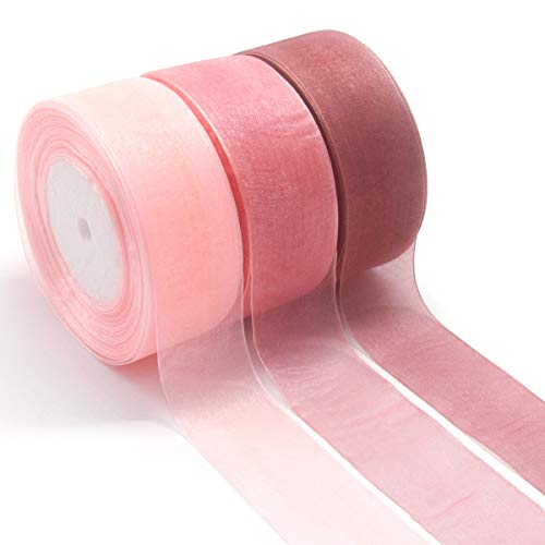 NICROLANDEE 3 Rolls Sheer Chiffon Ribbon 1.5Inch×49 Yards Dusty Rose Fading Chiffon Ribbon for Gift Wrapping Wedding Gift Ribbon Bows Bouquets Wrapping Birthday Wreath Decorations