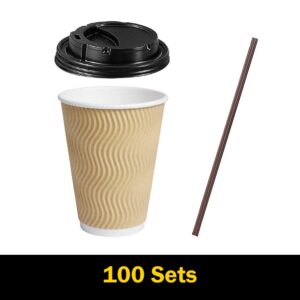 SPRINGPACK 12oz 100 Packs Insulated Kraft Ripple Wall Disposable To Go Paper Coffee Cups for Office Parties Home Travel Corrugated Sleeve Hot Drink Cups with Lids & Straws,100 Count 12 oz