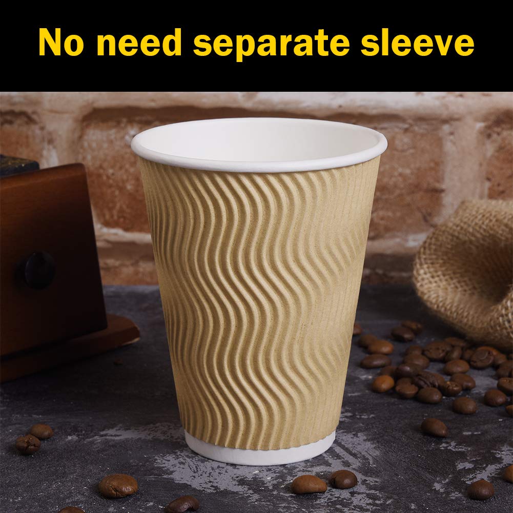 SPRINGPACK 12oz 100 Packs Insulated Kraft Ripple Wall Disposable To Go Paper Coffee Cups for Office Parties Home Travel Corrugated Sleeve Hot Drink Cups with Lids & Straws,100 Count 12 oz