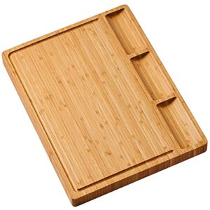 large bamboo wood cutting board for kitchen, butcher block, chopping cheese carving board, serving tray with 3 built-in dividers and juice grooves (17x12.6x0.62 inch)