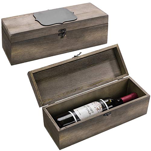 MyGift Rustic Burnt Solid Wood Wine Bottle Gift Box with Latched Lid, Decorative Bottle Storage Carrying Case with Chalkboard Label, Set of 2