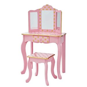 teamson kids pretend play kids vanity, table & chair vanity set with mirror, girls makeup dressing table with storage drawer & polka dot print, gisele collection, pink/gold