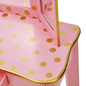 Teamson Kids Pretend Play Kids Vanity, Table & Chair Vanity Set with Mirror, Girls Makeup Dressing Table with Storage Drawer & Polka Dot Print, Gisele Collection, Pink/Gold