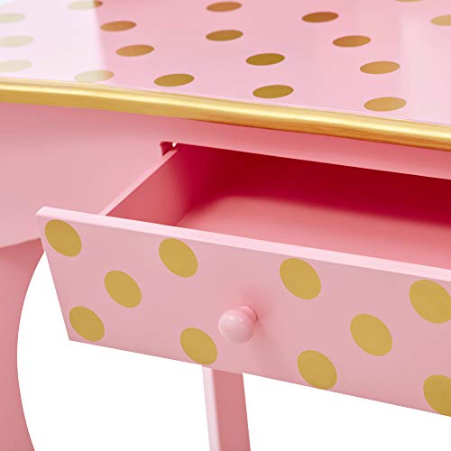 Teamson Kids Pretend Play Kids Vanity, Table & Chair Vanity Set with Mirror, Girls Makeup Dressing Table with Storage Drawer & Polka Dot Print, Gisele Collection, Pink/Gold