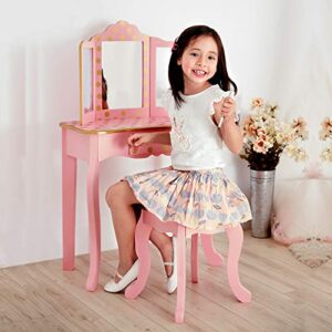 Teamson Kids Pretend Play Kids Vanity, Table & Chair Vanity Set with Mirror, Girls Makeup Dressing Table with Storage Drawer & Polka Dot Print, Gisele Collection, Pink/Gold