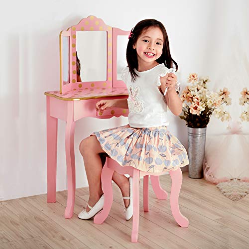 Teamson Kids Pretend Play Kids Vanity, Table & Chair Vanity Set with Mirror, Girls Makeup Dressing Table with Storage Drawer & Polka Dot Print, Gisele Collection, Pink/Gold