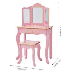 Teamson Kids Pretend Play Kids Vanity, Table & Chair Vanity Set with Mirror, Girls Makeup Dressing Table with Storage Drawer & Polka Dot Print, Gisele Collection, Pink/Gold