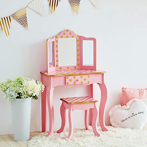 Teamson Kids Pretend Play Kids Vanity, Table & Chair Vanity Set with Mirror, Girls Makeup Dressing Table with Storage Drawer & Polka Dot Print, Gisele Collection, Pink/Gold