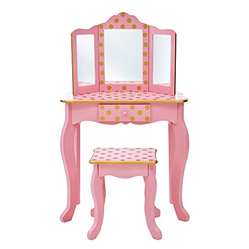 Teamson Kids Pretend Play Kids Vanity, Table & Chair Vanity Set with Mirror, Girls Makeup Dressing Table with Storage Drawer & Polka Dot Print, Gisele Collection, Pink/Gold