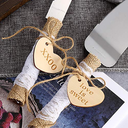 TANG SONG Rustic Style Stainless Steel Wedding Cake Knife and Serving Set Resin Plastic Handle with Twine Heart Love Wood Tag and Burlap Lace Design