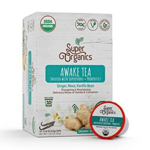 Super Organics Awake Black Tea Pods With Superfoods & Probiotics Keurig K-Cup Compatible Energy, Revitalizing, Refreshing Tea USDA Certified Organic, Vegan, Non-GMO, Natural & Delicious, 10ct