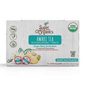 Super Organics Awake Black Tea Pods With Superfoods & Probiotics Keurig K-Cup Compatible Energy, Revitalizing, Refreshing Tea USDA Certified Organic, Vegan, Non-GMO, Natural & Delicious, 10ct