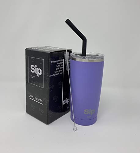 PURPLE 20OZ Perfect Size INSULATED DRINK MUG TUMBLER & SPILL PROOF LID - WINE BEER COFFEE TEA & Much More HOT for up to 6 Hours or cold for 24 HOURS - FREE Silicone Straw & Straw Cleaning Brush -