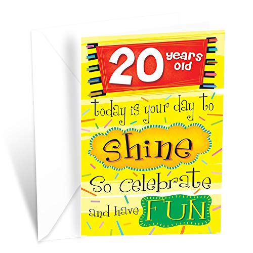 Prime Greetings Happy 20th Birthday Card, Made in America, Eco-Friendly, Thick Card Stock with Premium Envelope 5in x 7.75in, Packaged in Protective Mailer