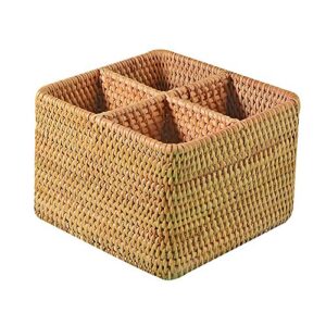 handweaved rattan 4 compartments cooking utensil holder storage box cosmetics organizer silverware caddy handmade flatware caddy and bottle serving basket (180mm 4-compartment box)