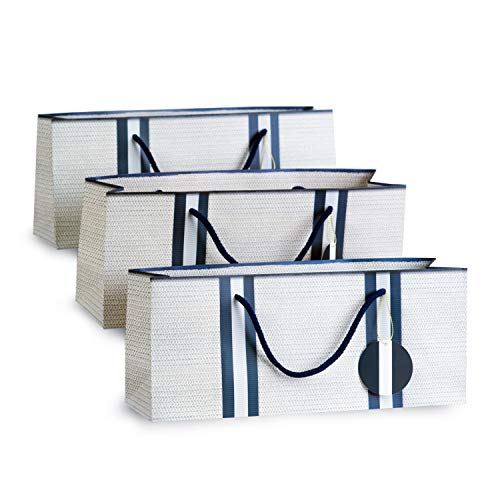 Simply Charmed Wine Gift Bags – White with Basket Weave Pattern and Navy Stripes Purse Style Set of 3