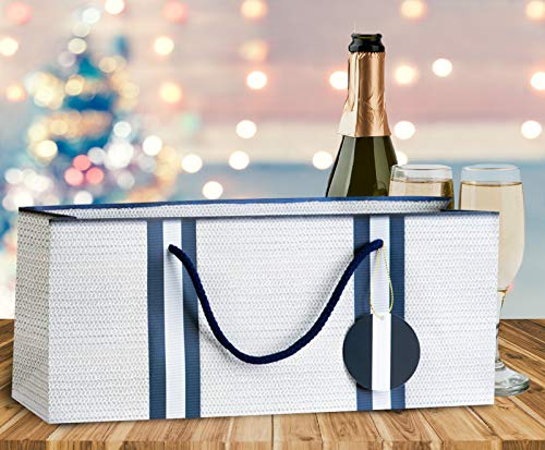 Simply Charmed Wine Gift Bags – White with Basket Weave Pattern and Navy Stripes Purse Style Set of 3