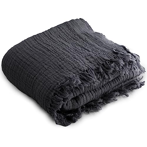 Peshtemania Premium Gauze Muslin Dark Grey Blue Throw Blankets for Adults 4-Layers Tassel Farmhouse 100% Cotton Summer Throw Blanket for Bed Couch Sofa, Ultra Soft & Lightweight |40"x70"|