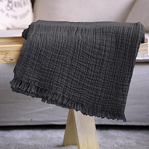 Peshtemania Premium Gauze Muslin Dark Grey Blue Throw Blankets for Adults 4-Layers Tassel Farmhouse 100% Cotton Summer Throw Blanket for Bed Couch Sofa, Ultra Soft & Lightweight |40"x70"|