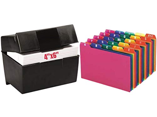 1InTheOffice Index Card Box 4x6, Index Card Storage Box 4 x 6 inches Index Card Holder 4x6 400 Capacity & Index Card Guide Set, A-Z, 1/5 Tab