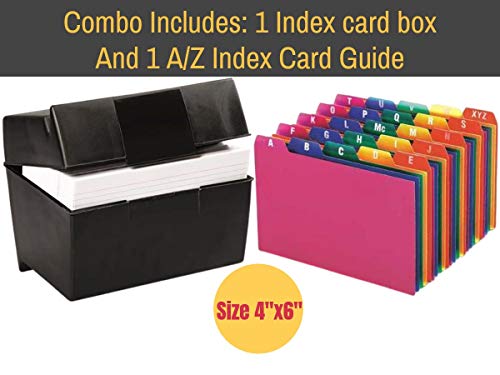 1InTheOffice Index Card Box 4x6, Index Card Storage Box 4 x 6 inches Index Card Holder 4x6 400 Capacity & Index Card Guide Set, A-Z, 1/5 Tab