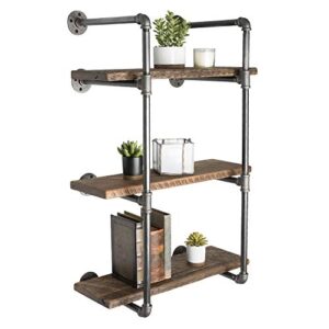 pipe decor 3 tier industrial shelves, vintage iron diy shelving unit, rustic wall mounted hanging bookshelf, garage or kitchen storage, heavy duty floating black metal rack sturdy 35 inch, no wood