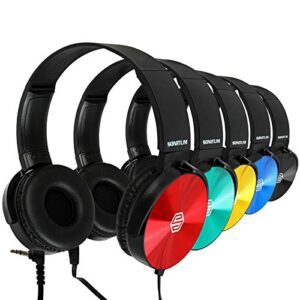 classroom headphones-bulk 10-pack, student on ear color varieties- comfy swivel earphones for library, school, airplane, kids-for online learning and travel, hq stereo sound 3.5mm jack (colorful)