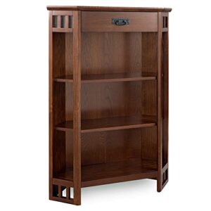 leick home 82263 mantel height 3 shelf corner bookcase with drawer storage, mission oak, brownbronze