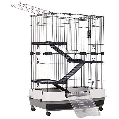 PawHut 43" H Small Animal Cage, 4-Level Bunny Cage with Rolling Stand, Chinchilla Cage with Doors, Slide-Out Tray, Black