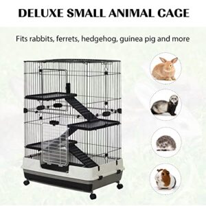 PawHut 43" H Small Animal Cage, 4-Level Bunny Cage with Rolling Stand, Chinchilla Cage with Doors, Slide-Out Tray, Black