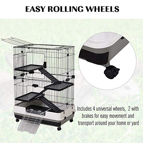 PawHut 43" H Small Animal Cage, 4-Level Bunny Cage with Rolling Stand, Chinchilla Cage with Doors, Slide-Out Tray, Black