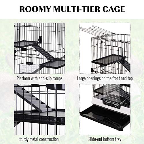 PawHut 43" H Small Animal Cage, 4-Level Bunny Cage with Rolling Stand, Chinchilla Cage with Doors, Slide-Out Tray, Black