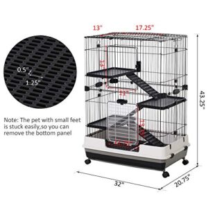 PawHut 43" H Small Animal Cage, 4-Level Bunny Cage with Rolling Stand, Chinchilla Cage with Doors, Slide-Out Tray, Black