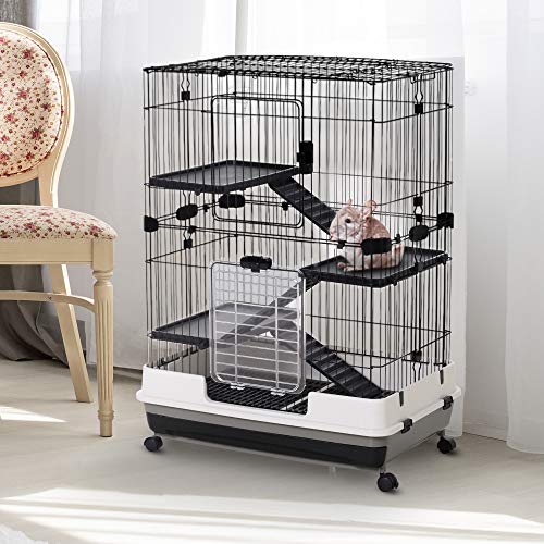 PawHut 43" H Small Animal Cage, 4-Level Bunny Cage with Rolling Stand, Chinchilla Cage with Doors, Slide-Out Tray, Black