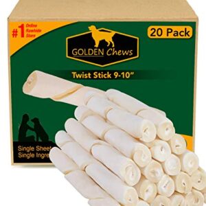 GOLDEN Chews Natural Rawhide Roll Twist Sticks 9-10 Inches Dog Treat. Extra Thick, Single Sheet. (20 Pack)