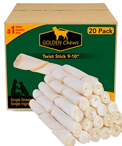 GOLDEN Chews Natural Rawhide Roll Twist Sticks 9-10 Inches Dog Treat. Extra Thick, Single Sheet. (20 Pack)