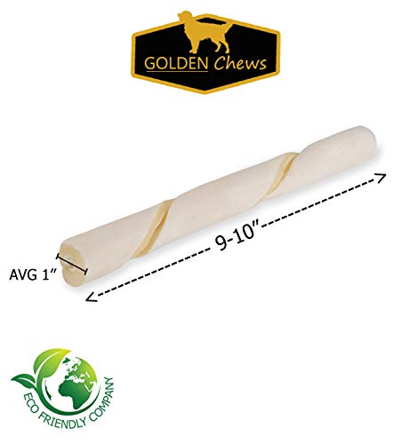 GOLDEN Chews Natural Rawhide Roll Twist Sticks 9-10 Inches Dog Treat. Extra Thick, Single Sheet. (20 Pack)