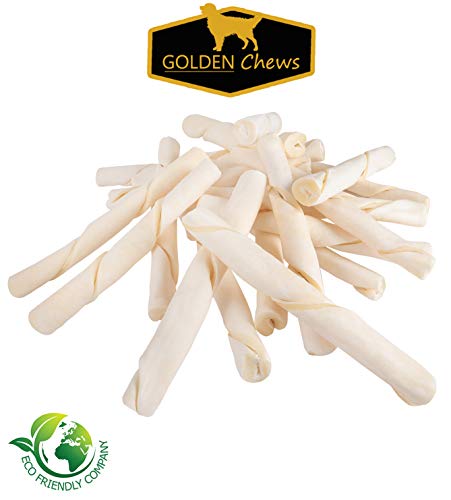 GOLDEN Chews Natural Rawhide Roll Twist Sticks 9-10 Inches Dog Treat. Extra Thick, Single Sheet. (20 Pack)