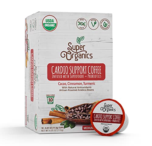 Super Organics Cardio Support Coffee Brew Cups With Superfoods & Probiotics Keurig K-Cup Compatible Cardiovascular Health Medium Roast, USDA Certified Organic, Vegan Coffee, 10ct