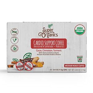 Super Organics Cardio Support Coffee Brew Cups With Superfoods & Probiotics Keurig K-Cup Compatible Cardiovascular Health Medium Roast, USDA Certified Organic, Vegan Coffee, 10ct