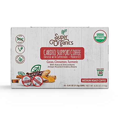 Super Organics Cardio Support Coffee Brew Cups With Superfoods & Probiotics Keurig K-Cup Compatible Cardiovascular Health Medium Roast, USDA Certified Organic, Vegan Coffee, 10ct