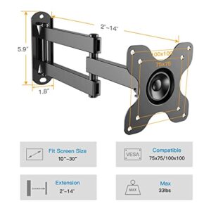 PERLESMITH Full Motion TV Wall Mount Bracket for Most 10-30 inch TVs and Monitors, Flat and Curved TVs up to 33lbs, Wall Mount TV Bracket, Tilt Swivel and 14-inch Extension, Max VESA 100x100mm, PSXSF2