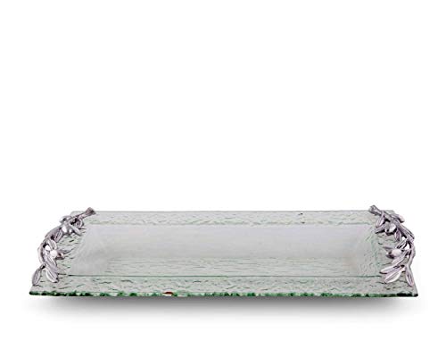 Arthur Court Glass Oblong Cheese Serving Tray with Meta Olive Handles Branch 17.5 inch x 7 inch