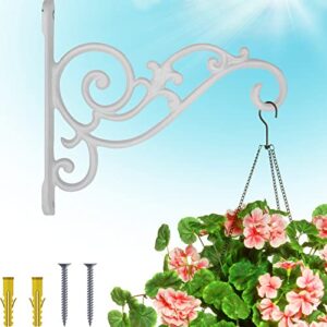 gray bunny outdoor plant hanger hook, 8” large victorian heavy duty iron wall hooks for bird feeders, lanterns, wind chimes, patio decor - white