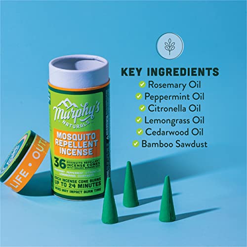 Murphy’s Naturals Mosquito Repellent Incense Cones | DEET Free with Plant Based Essential Oils | 24 Minute Burn Time per Cone | Includes Ceramic Burning Dish | 36 Cones |