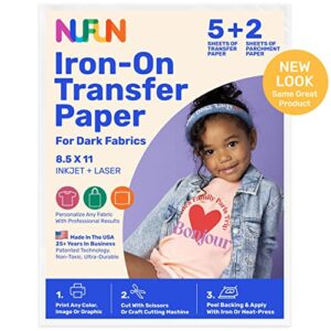 nufun activities printable iron-on heat transfer paper for t shirts, dark fabrics, 5 sheets 8.5 x 11 inch, long lasting, durable, professional quality, easy diy, non-toxic, made in the usa