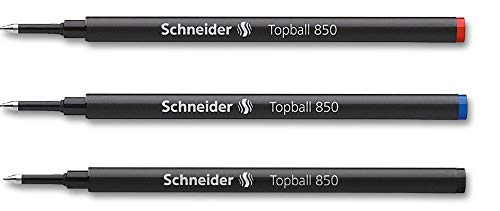 Schneider Topball 850, 0.5 mm Rollerball Refills - 3/pk, 1 each of Red, Black & Blue (Bulk Packed)